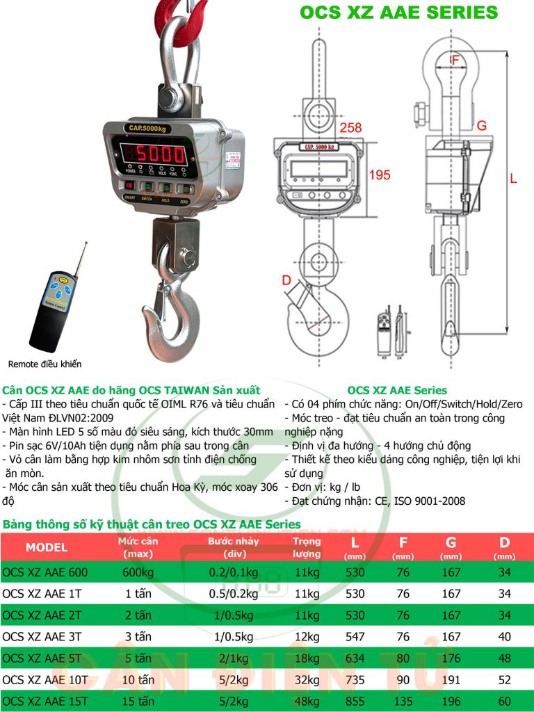 Cân treo OCS XZ AAE 5 tấn - Cân Điện Tử Thịnh Tiến